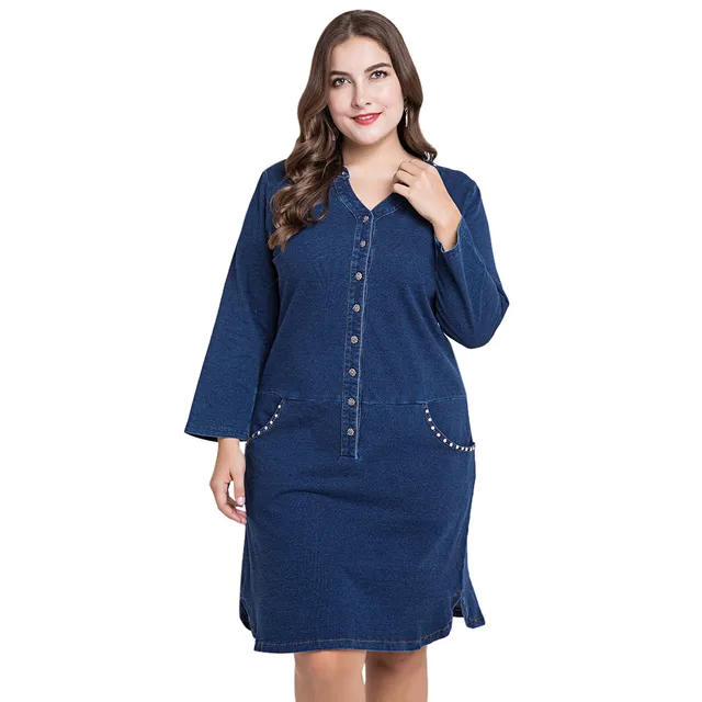 Wipalo Women Plus Size Denim Dress With Pockets V Neck Long Sleeve Knee
