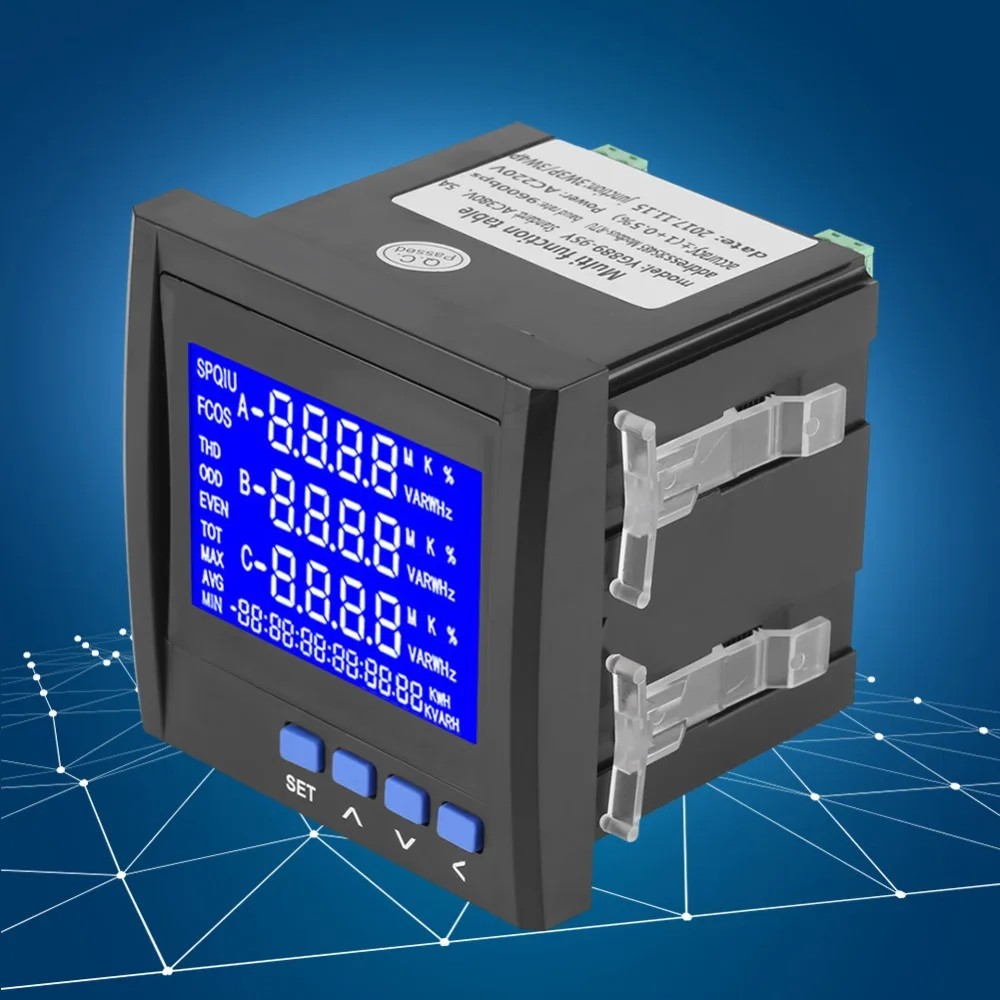 Black Multifunction Power Meter 3-Phase Electric Current Voltage ...