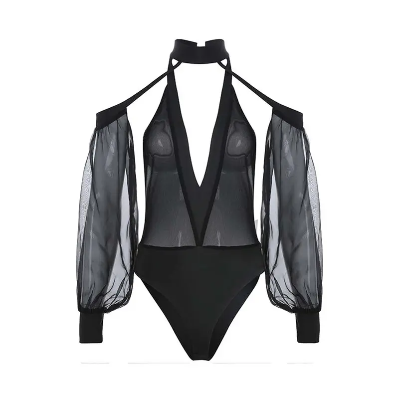 Rosetic Sexy Club Gothic Women Bodysuits Casual Chic Streetwear Black Beach Mesh Hollow Backless