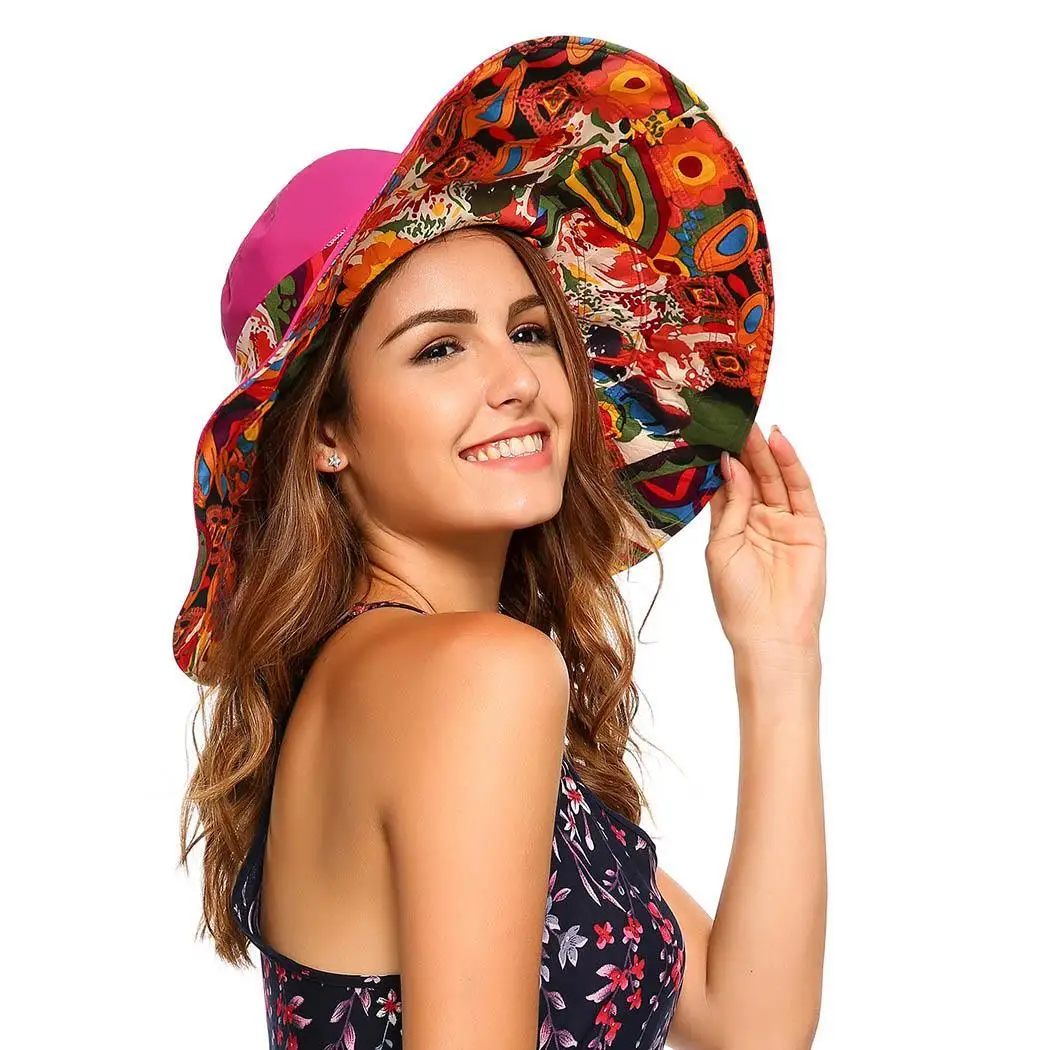 Cotton Foldable Roll up Wide Brim Reversible Sun Hat Roll up, Floral ...