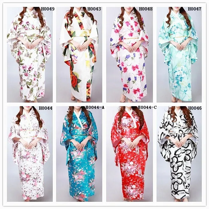 Ethnic Clothing Fashion Light Blue Japanese Womens Silk Satin Kimono
