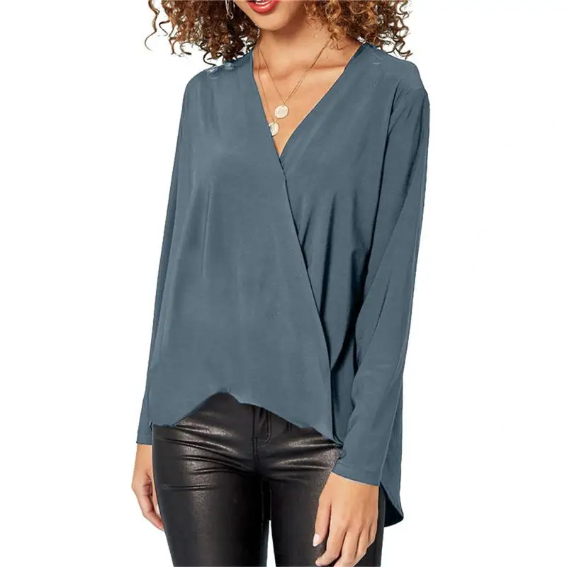 Women Spring V neck Elegant Blouses Long Sleeve Elastic Waist Blouses ...