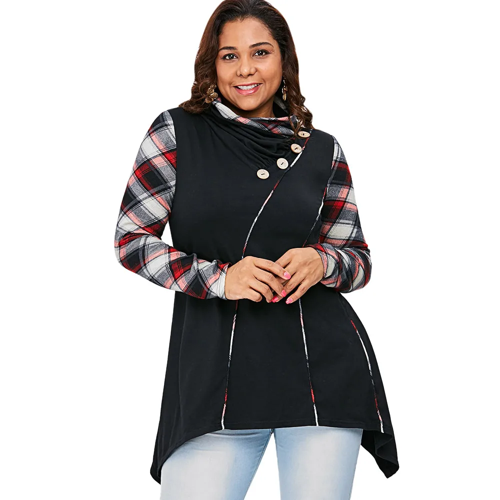 Wipalo de talla grande 5XL tartán manga asimétrica Camiseta cuello alto botones embellecido ...