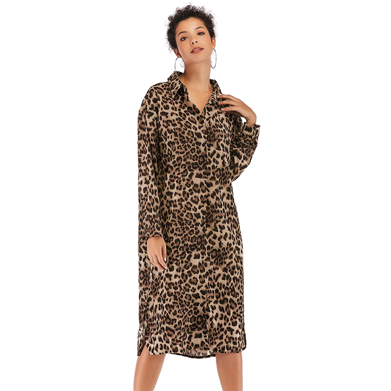 Leopard Print Spring Dress 2019 Fashion Women Long Shirt Dress Turn