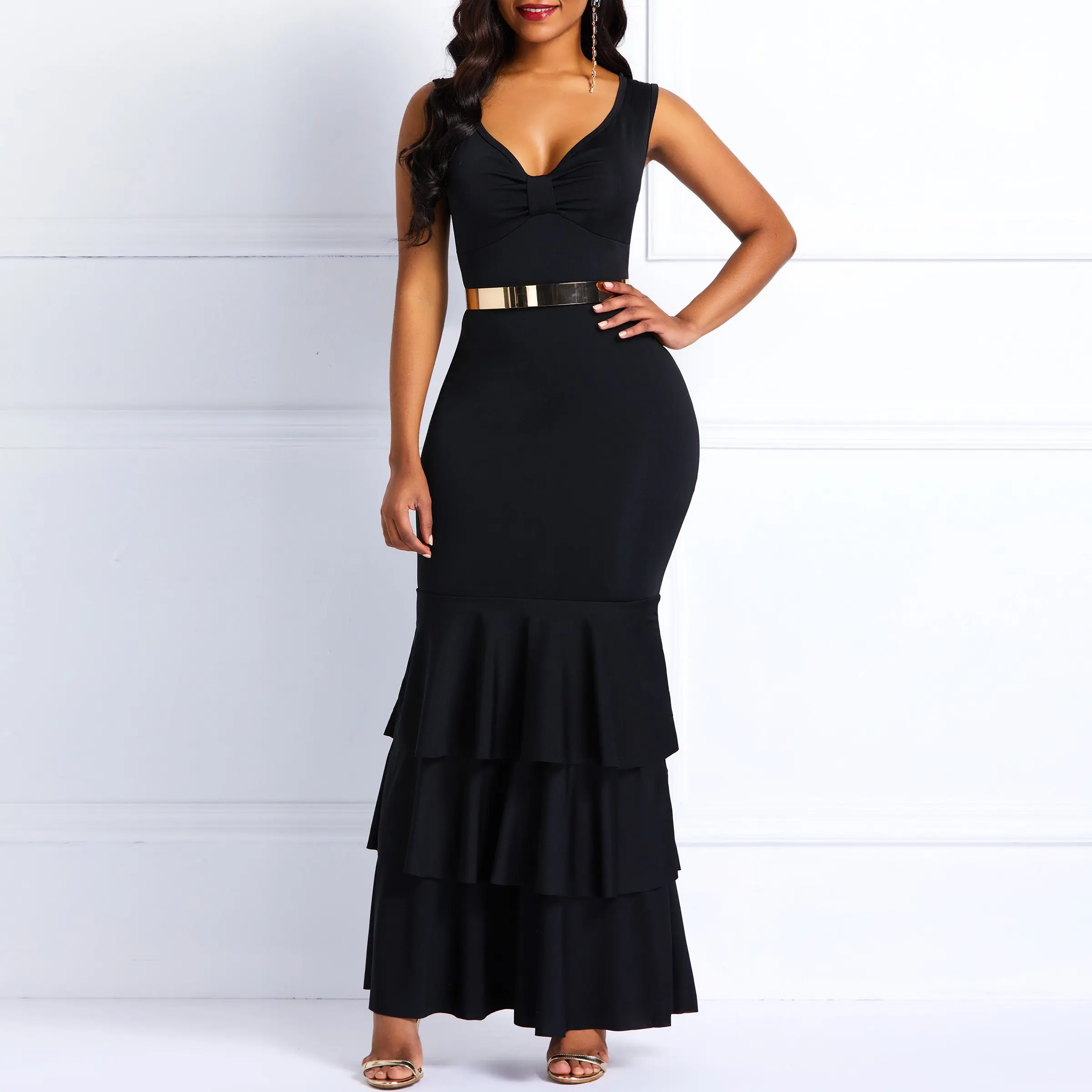 Women Maxi Dresses Sexy Party Club Black Mermaid High Waist Plain