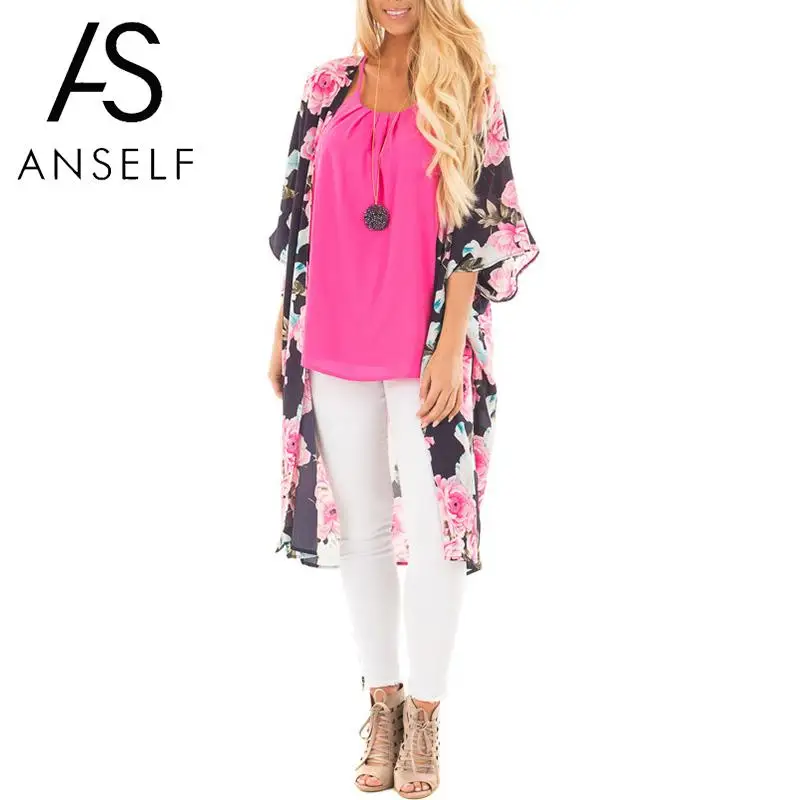 Anself Summer Long Chiffon Blouse Women Kimono Cardigan Floral Print 3/ ...