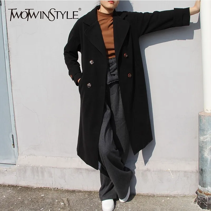 TWOTWINSTYLE Korean Black Wool Overcoats For Women Lapel Long Sleeve ...