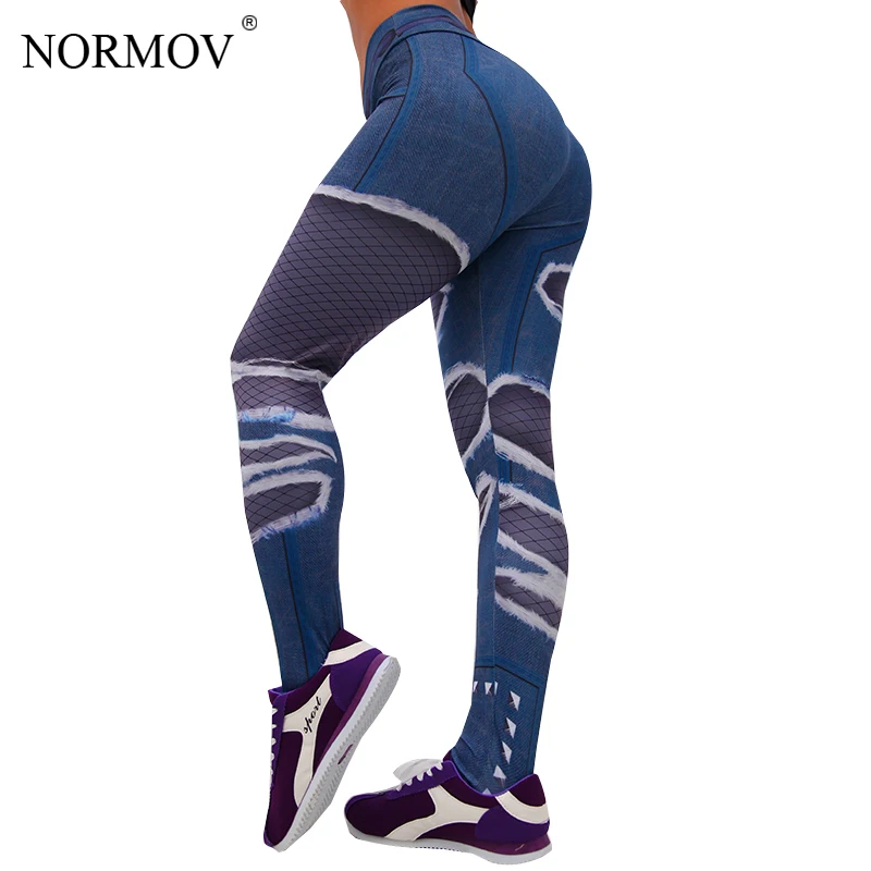Normov Women Denim Printed Fitness Leggings High Waist Pants Sports Gym