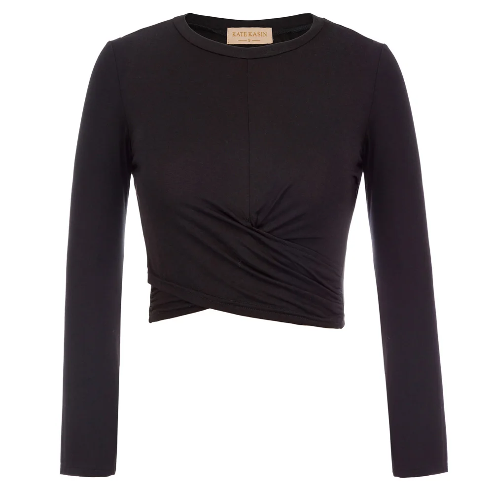 Plus Size Sexy Short Tops Women Basic T Shirt Shirred Decor Long Sleeve Crew Neck Cropped Length