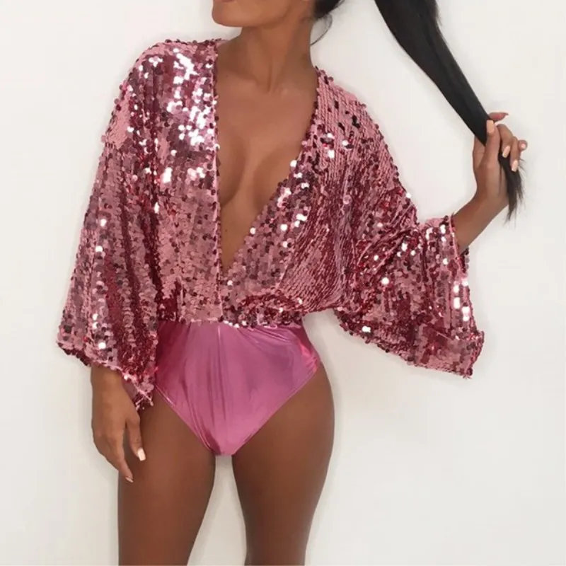 Sexy Sequins Bodysuits Women Batwing Sleeve V Neck Bodycon Rompers