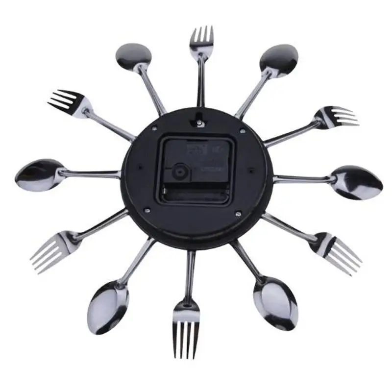 Modern Sliver Cutlery Kitchen 3d Wall Clock Spoon Fork Creative Mirror ...
