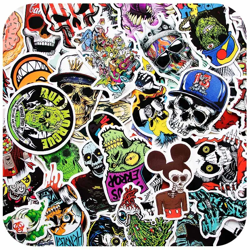 50 cool skull stickers, luggage, skateboards, notebooks, guitar cards ...