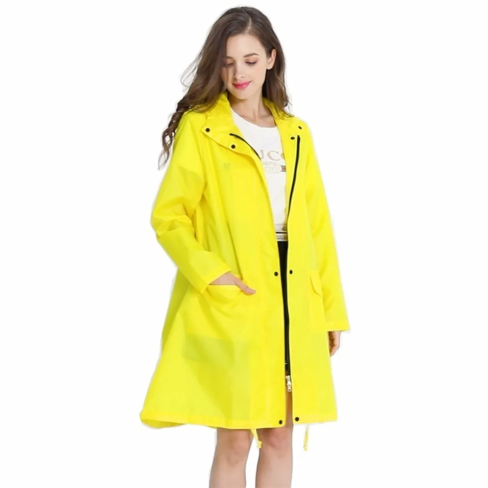 Womens Stylish Solid Yellow Rain Poncho Waterproof Raincoat With Hood And Pockets In Raincoats