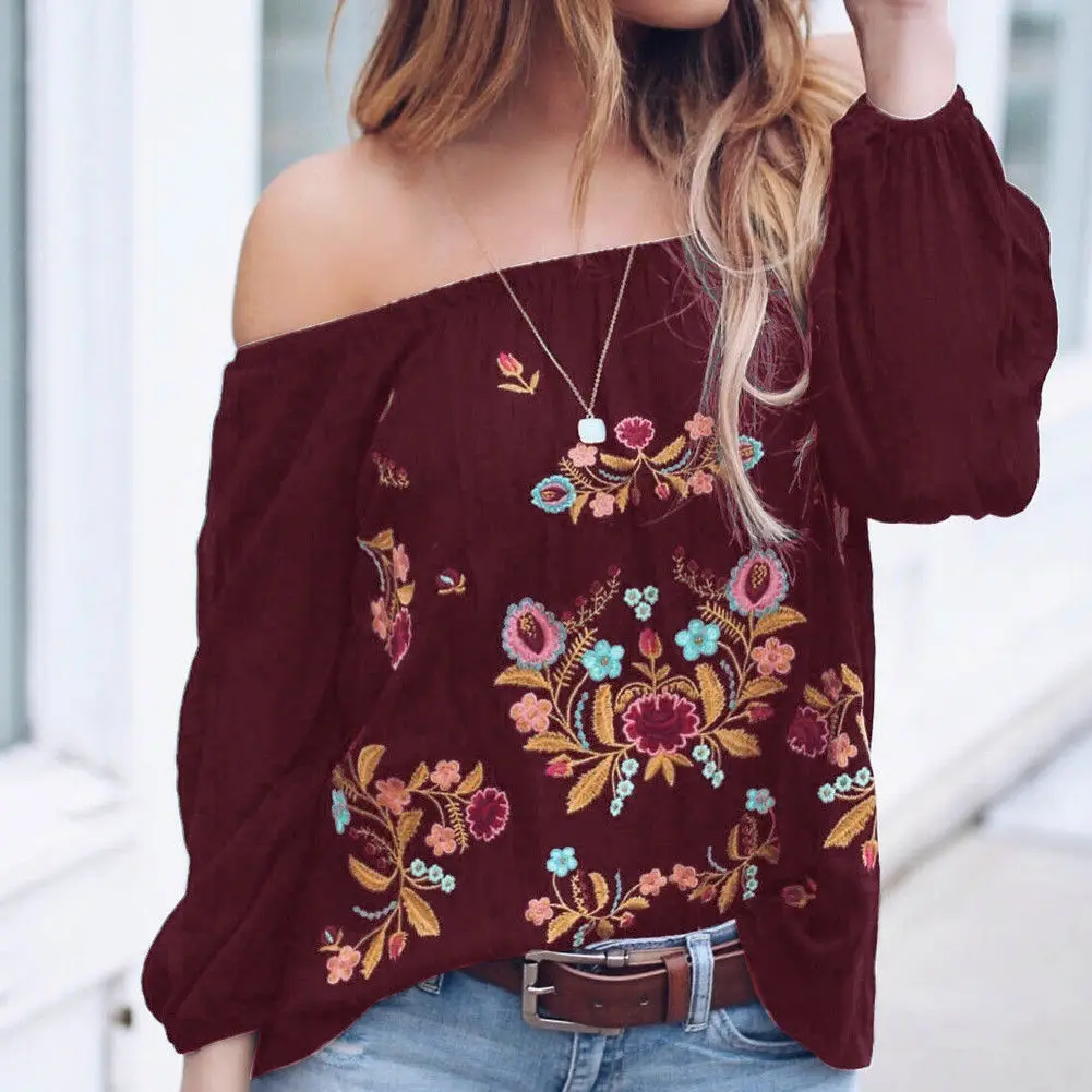 New Women Off Shoulder Shirt Loose Tops Slash Neck T Shirt Floral ...