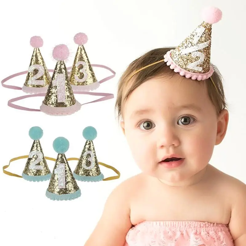 1Pcs Cute 1 2 3 Baby Birthday Cap Party Hats Glitter Gold First ...
