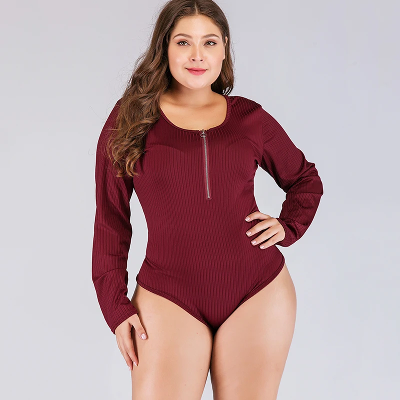 Plus Size 4xl Women Spring Bodysuit Tops Solid Color Ribbed Round Neck