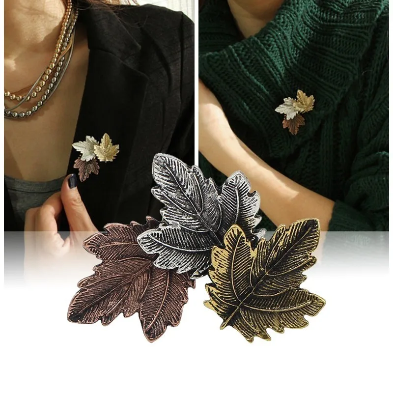Vintage Maple Leaves Brooch Jewelry Exquisite Three Color Metal Tree