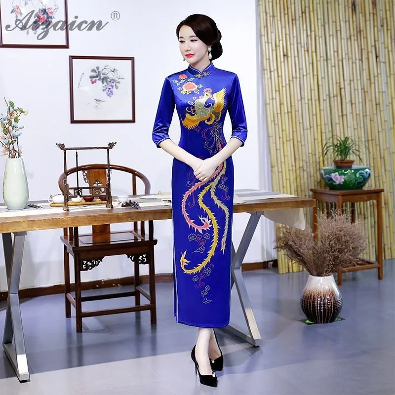 Velvet Winter Qipao Modern Long Sleeve Chinese Wedding Dress Cheongsam ...
