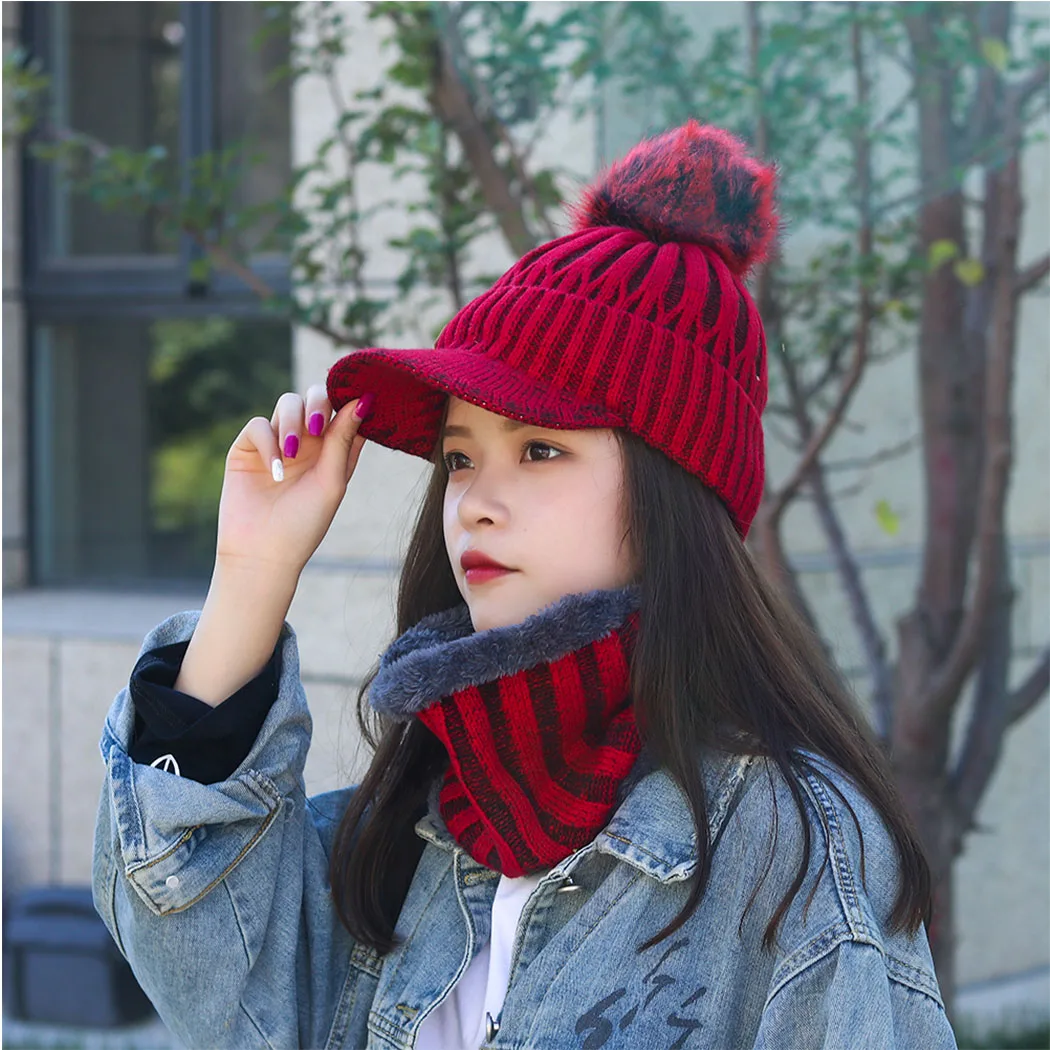 Wool Pompom Cap Ring Scarf 2pcs Winter Scarf Hat Set Women's Knitted ...