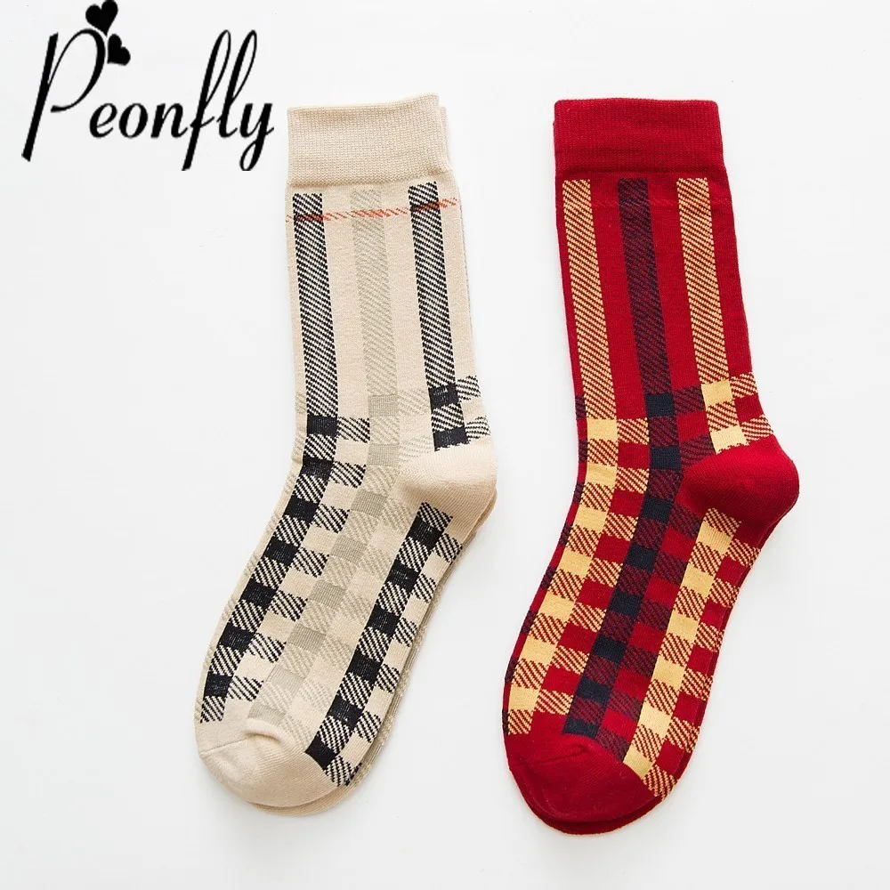 PEONFLY Spring Lattice Stripe Pattern Sock Women Casual Comfort Cotton ...