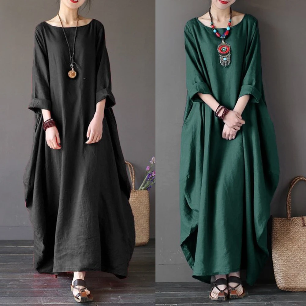 Baumwolle Leinen Robe Weibliche Kleider Elegante Plus Größe Langarm O Hals Maxi Kaftan Kleid ...