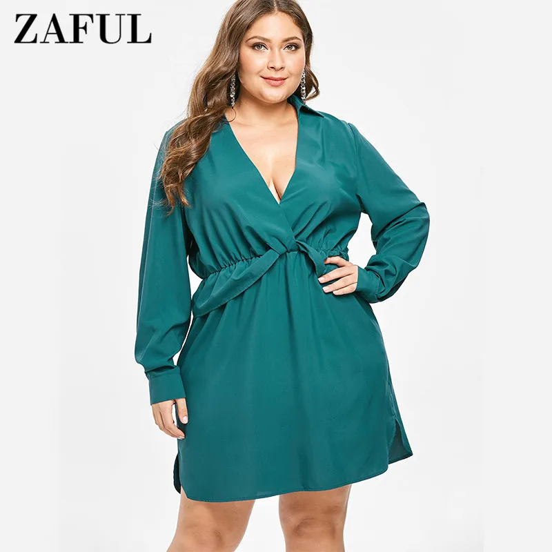 ZAFUL Plus Size Mini Surplice Dress Flare Sleeve Plunging Neck Riding ...