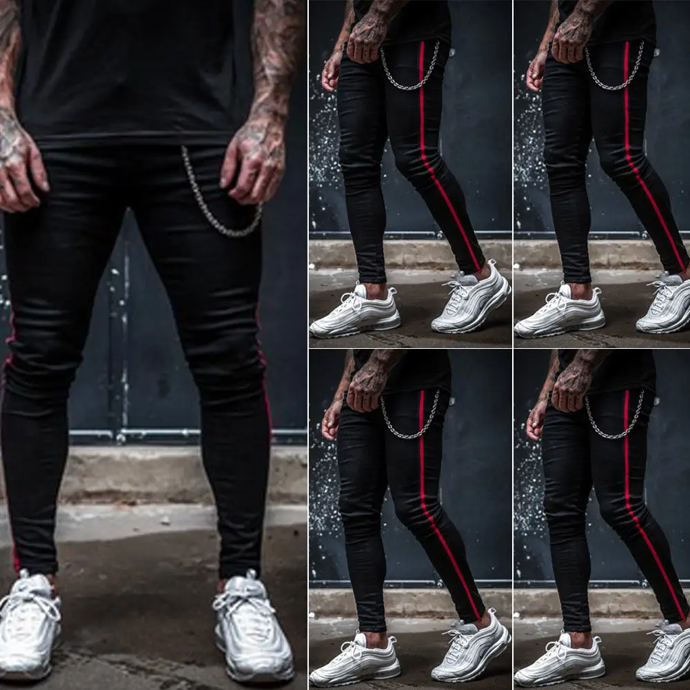 Men's Stretchy Ripped Skinny Biker Danim Pants Destroyed Taped Slim Fit ...