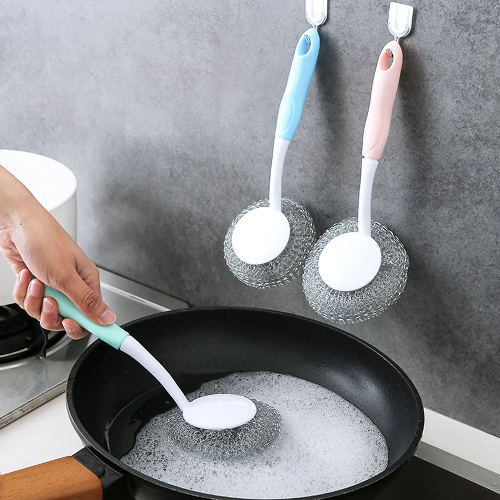 3pcs Hanging Stainless Steel Scrubbers Long Handle Metal Scouring Pads ...