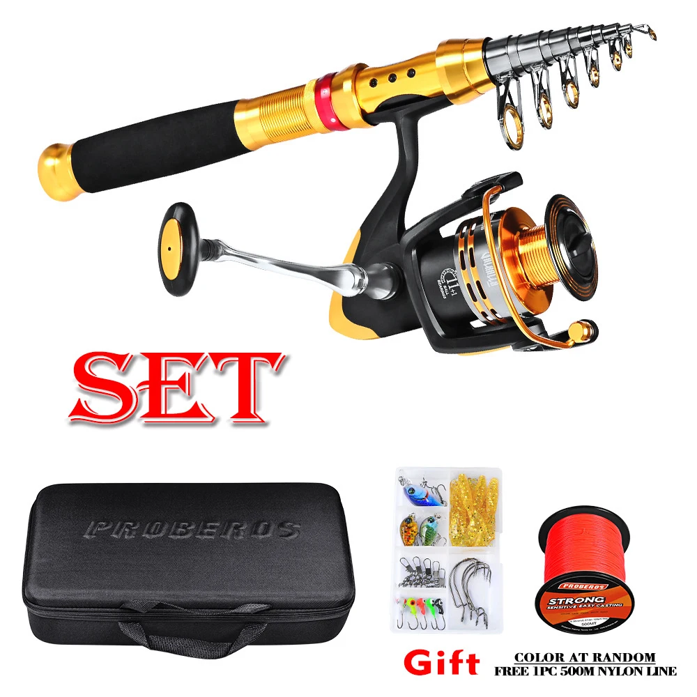 Conjunto de caña de pescar telescópica, Kit completo de carrete de pesca giratorio, juego de ...