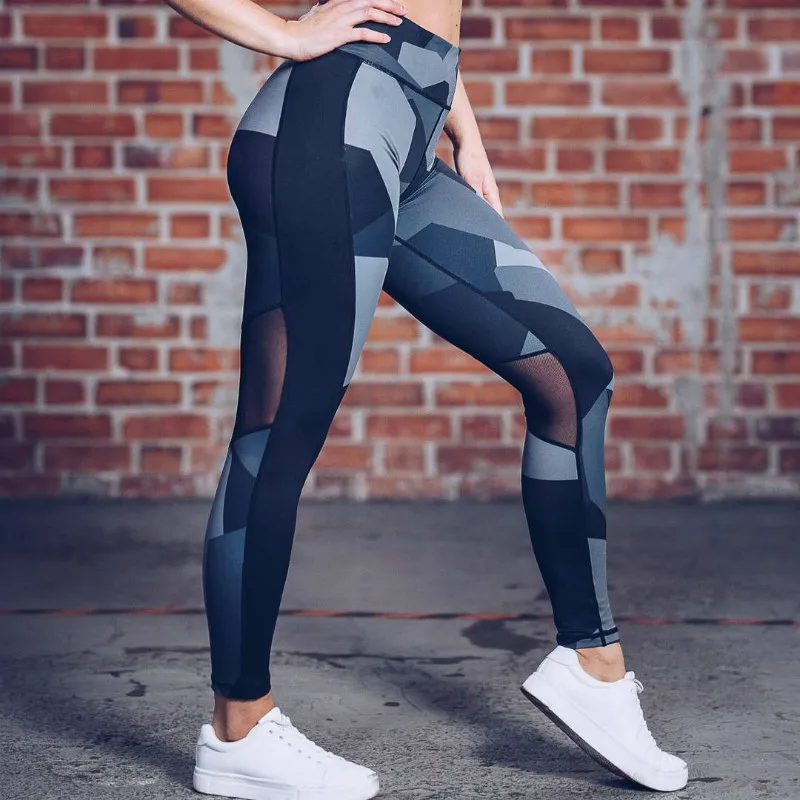 2018 New Print Mesh Patchwork Yoga Pants Women High Waist Leggins Sport