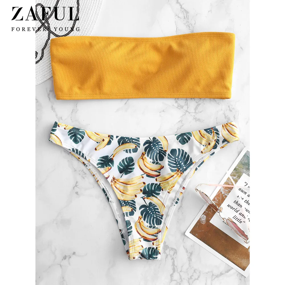 Buy Zaful New Ribbed Banana Leaf Bandeau Bikini Set Sexy Women Beach Swimsuit