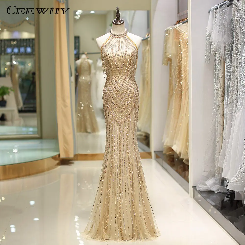 CEEWHY Gold Evening Dress Luxury Mermaid Evening Dresses Long Beading ...
