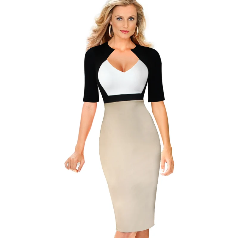 Vfemage Womens Elegant Contrast Colorblock High Waist Tunic Slim Wear ...