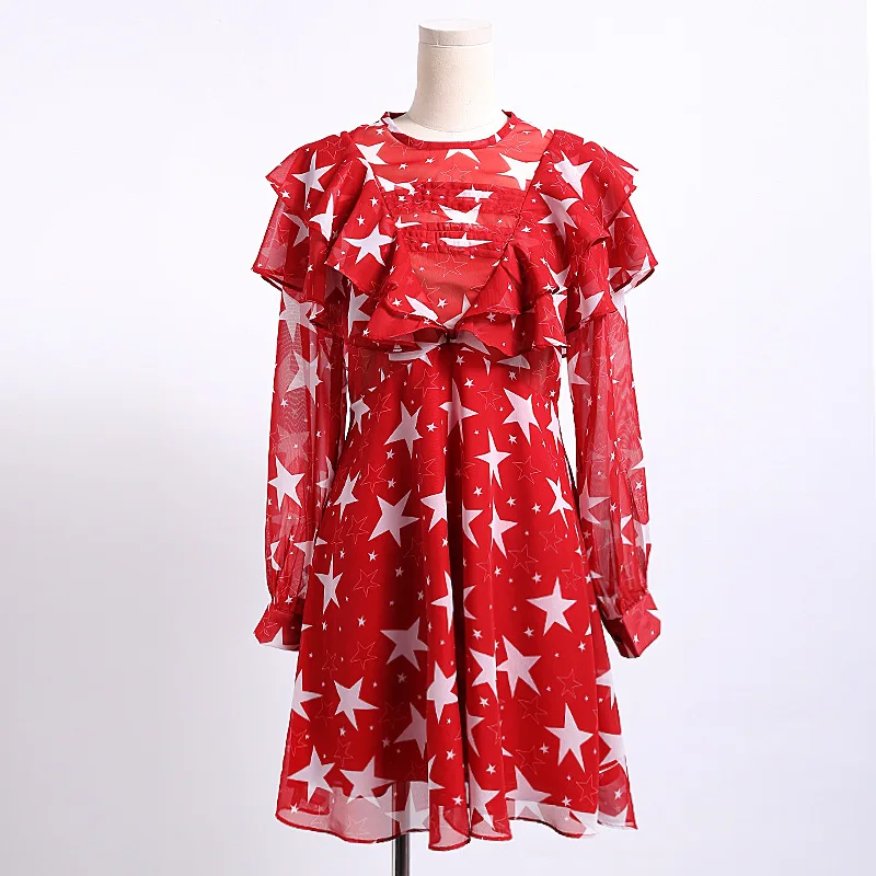 LADY CLOTHING summer star red printing mesh chiffon princess long ...