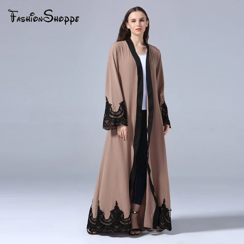 Muslim Arab Open Abaya Dress Lace Cardigan Jubah Long Robe Ramadan ...