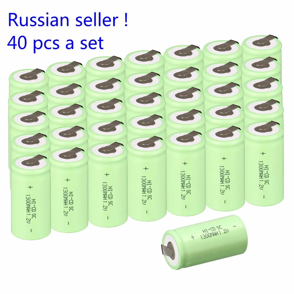 Russian seller !40 PCS a set Sub C SC battery 1.2V 1300mAh Ni Cd NiCd Rechargeable Battery 4 ...
