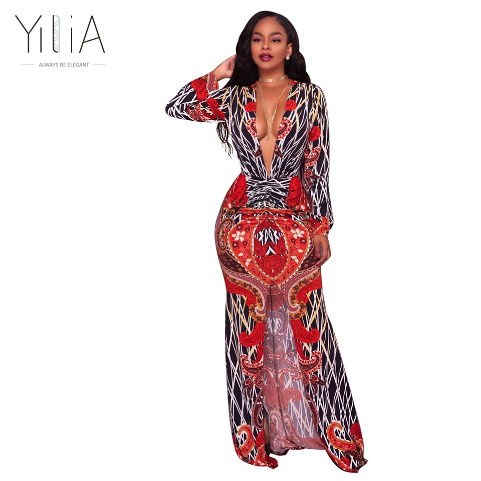 Yilia 2017 Sexy Rose Floral African Print Long Dress Summer Women Deep
