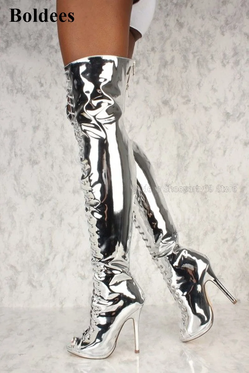 Cuissardes à talons hauts en cuir miroir, chaussures à talons aiguilles ...