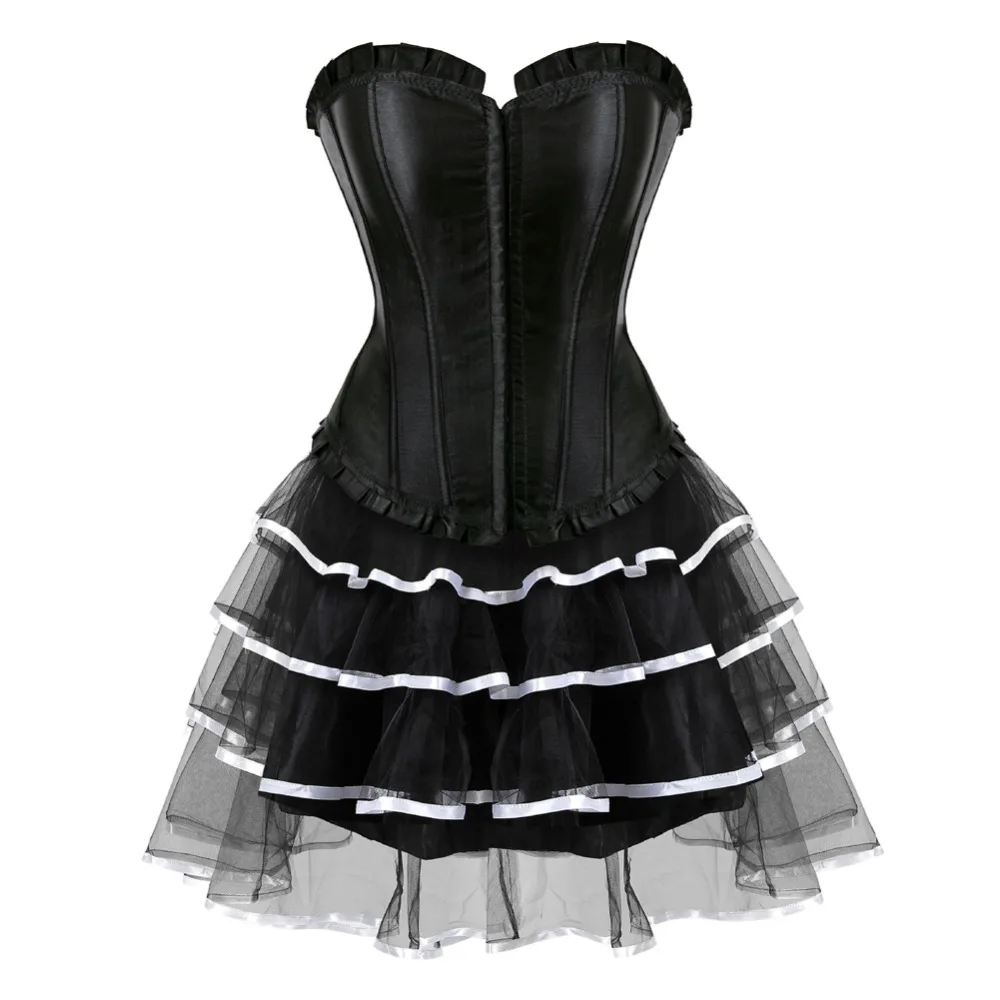 Sexy Satin Black Corset Long Dress Skirt Women Lace Up Boned Slim Body