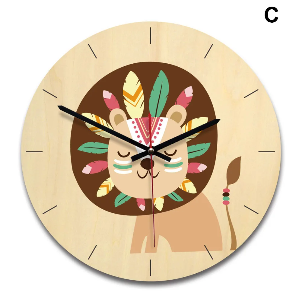 Wooden Wall Clock Cartoon Animal Printed Home Decoration Round Silent ...