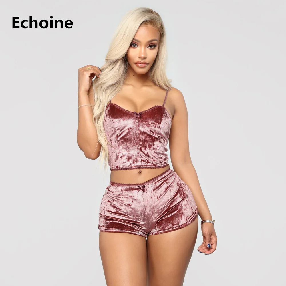 Woman Velvet Two Piece Set Sexy Strap Crop Top And Shorts Tracksuit