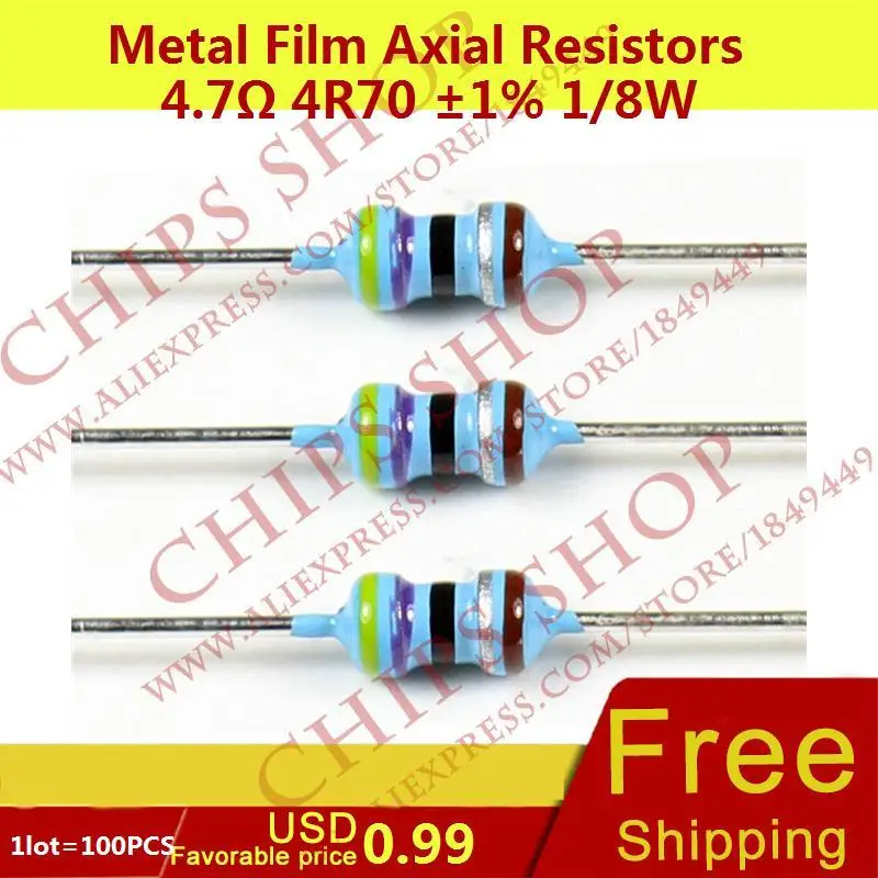 1LOT=100PCS Metal Film Axial Resistors 4.7ohm 4R70 1% 1/8W 0.125W 1/8W ...