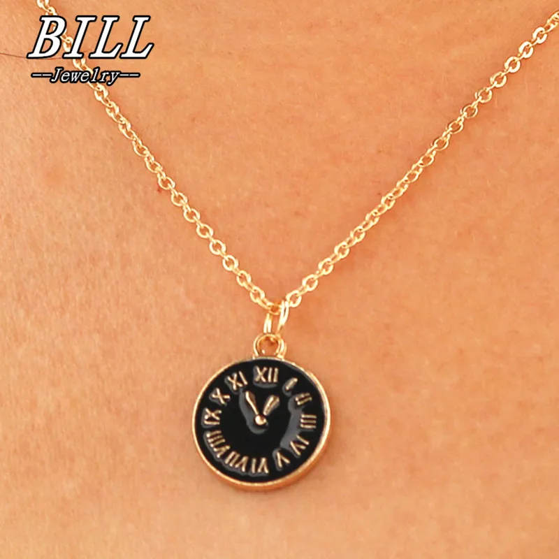 European-Black-White-Enamel-Clock-Pendants-Women-s-Short-Necklaces-Gold ...