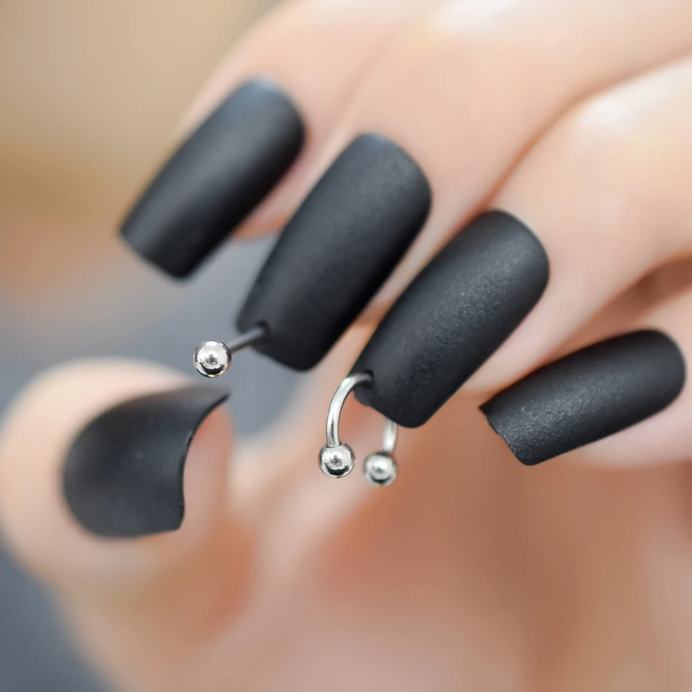 Black Punk Style Fake Nails Metal Screw Revit Ring Cool Handmade Designed Matte Solid Color Nail 