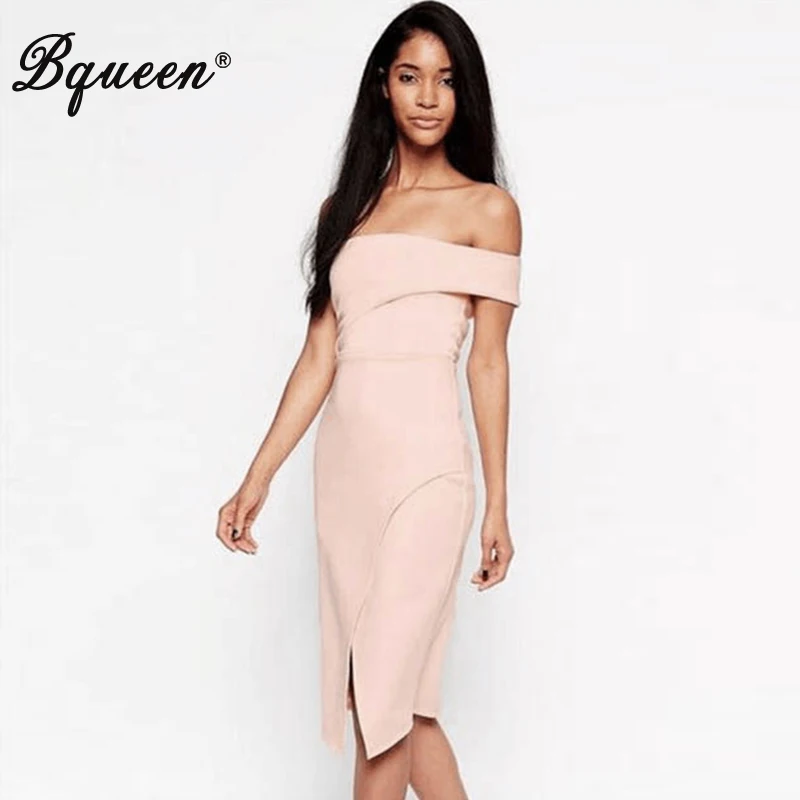 Bqueen Summer Sexy Solid Off Shoulder Slash Neck Bodycon Empire Split
