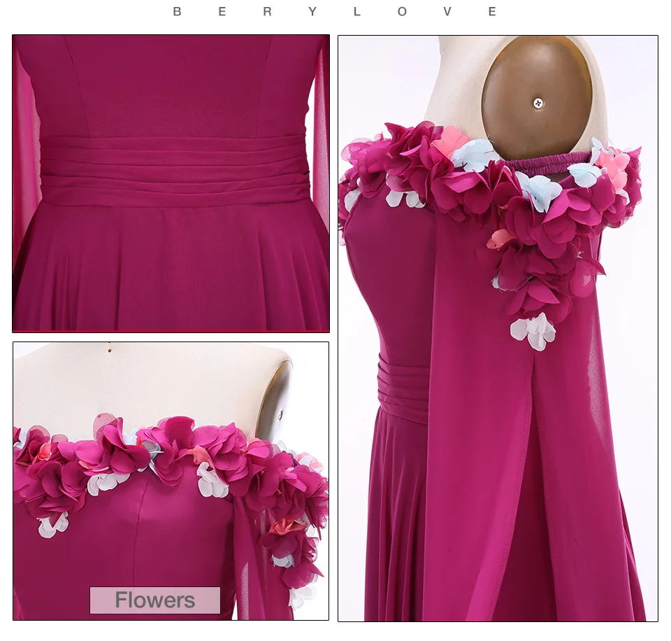 BeryLove Fuchsia Flowers Evening Dresses With Sleeves Chiffon Evening ...