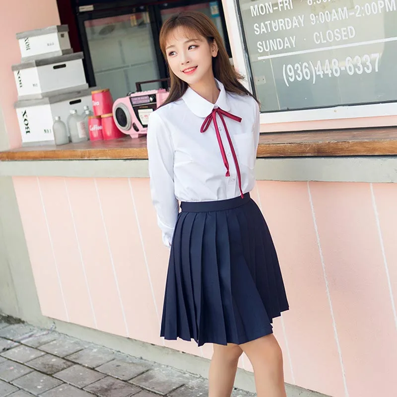 Girls-Japanese-Korean-Style-School-Uniform-Long-sleeve-Costume-White-T ...