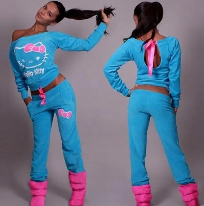 Women Hello Kitty print Sportswear Casual Cartoon Velvet Tracksuits ...