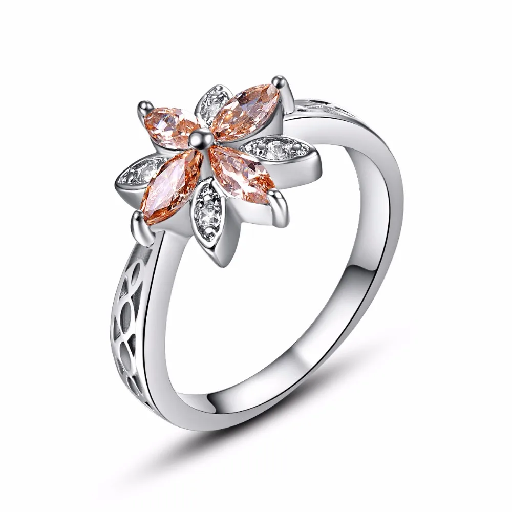 New Fashion Silver Ring CZ Orange Crystal Flower Rings for Women ...