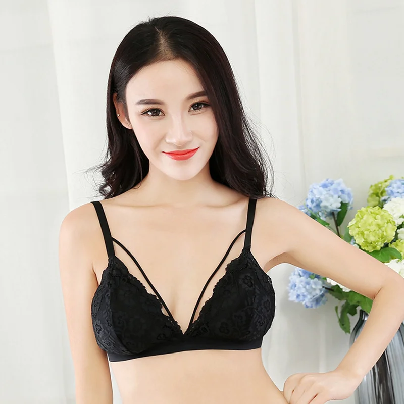 2019 New Fashion Women Deep V Black White Sexy Soft Bralette Flower